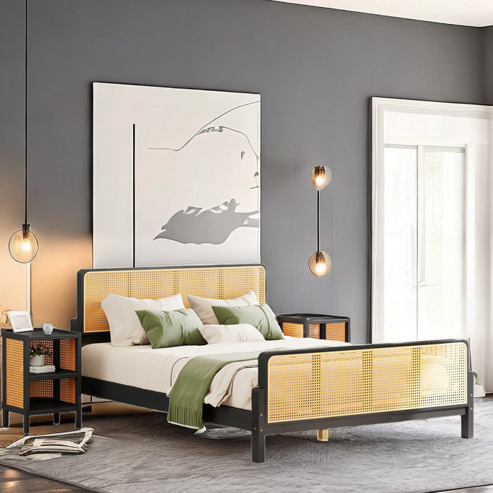 Bay Isle Home Alwin Rattan Bedroom Set Platform Bed and Two Nightstands | Wayfair